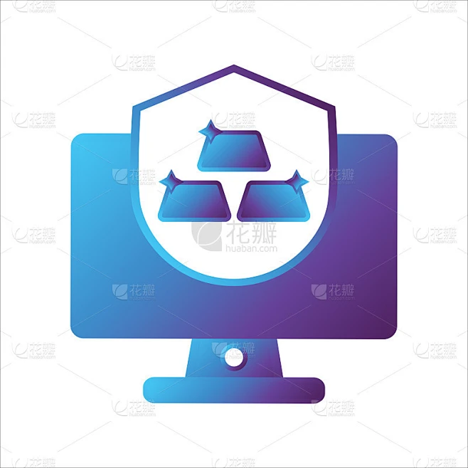 电脑插图。计算机与盾牌和黄金符号。安全计算的概念。矢量插图，矢量图标概念。素材-花瓣网