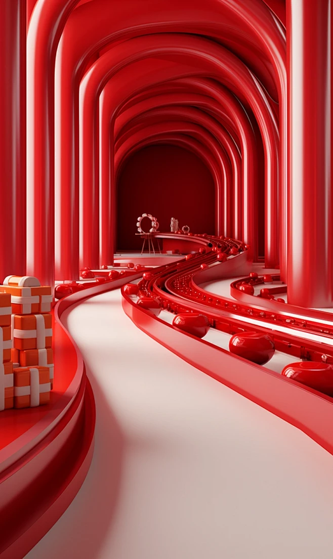 Red car tracks with the train through the center, in the style of ...