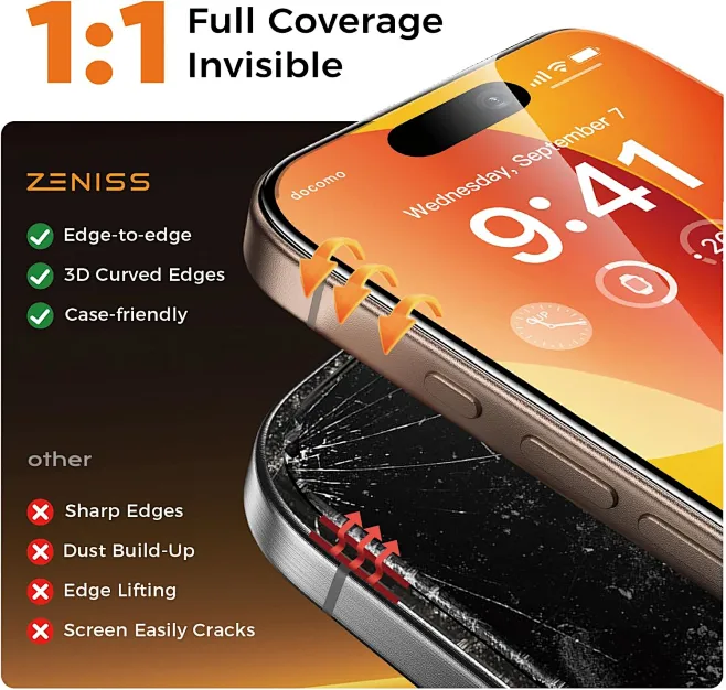Amazon.com: Zeniss NeverBreak 9H+ Hardness for iPhone 16 Pro Screen Protector 12FT Military ...