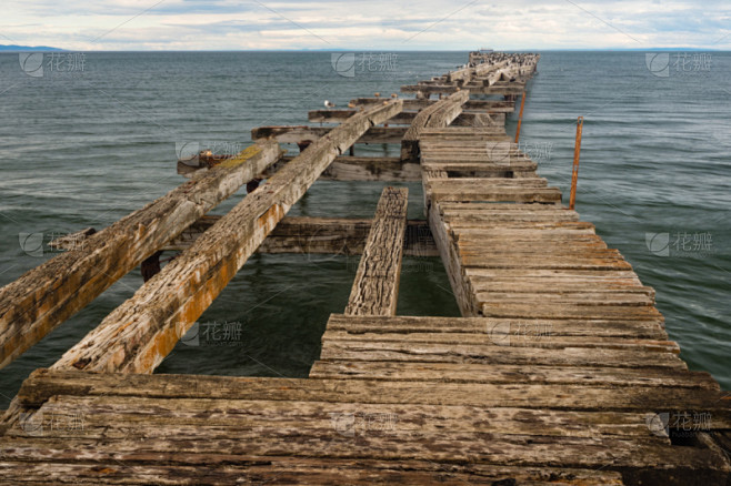 坏掉的,木制,码头,古老的,太平洋,智利,栈桥码头,蓬塔阿雷纳斯,日落,下移