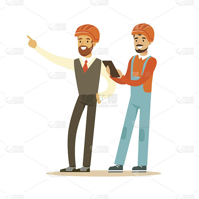 承包商和建筑师讨论项目，彩色字符矢量插图
