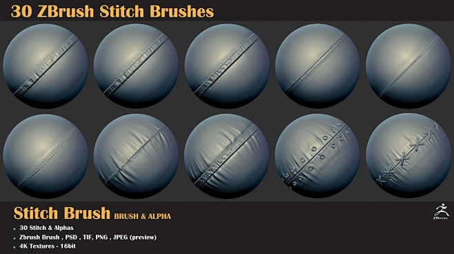 30 ZBrush Stitch Brushes, Milad Kambari : https://artstn.co/m/JBLj 30 ZBrush Stitch Brushes This ...