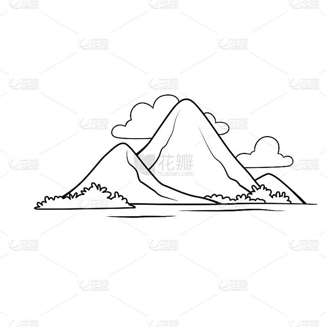 黑白绘画，插图，卡通，山，树。它可以作为一个图标或作为教师或父母的教学材料，谁使一个家庭学校。为儿童