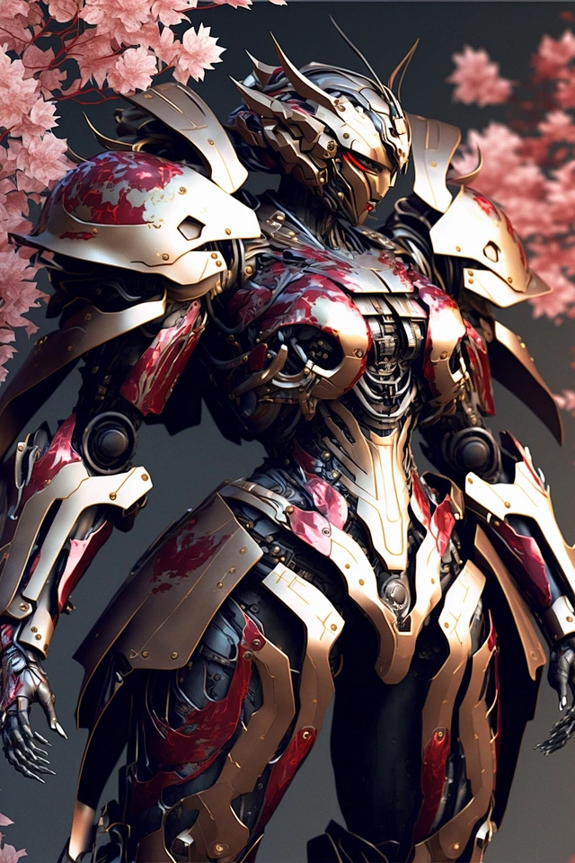 red and ivory scifi mech suit, metal floral armor, mech design complex ...