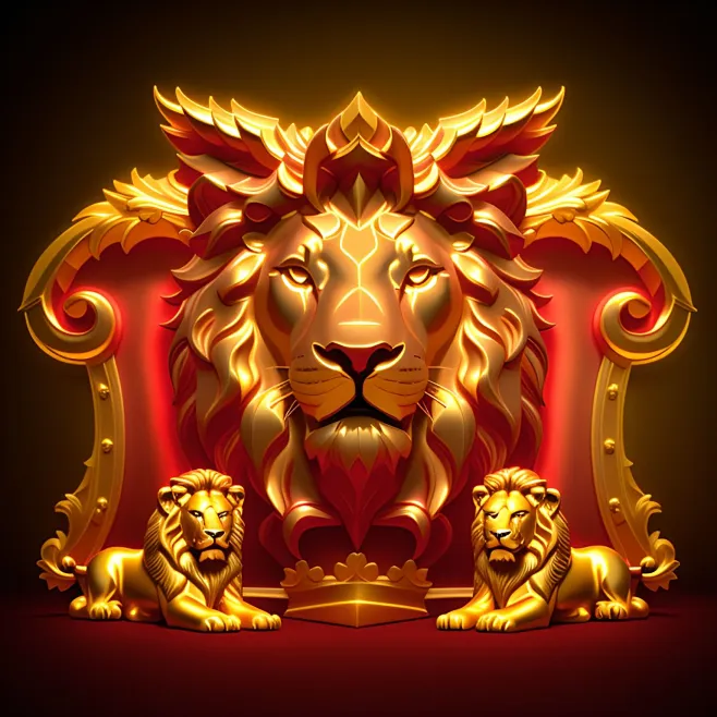 This may contain: a golden lion sitting in front of a red chair with ...