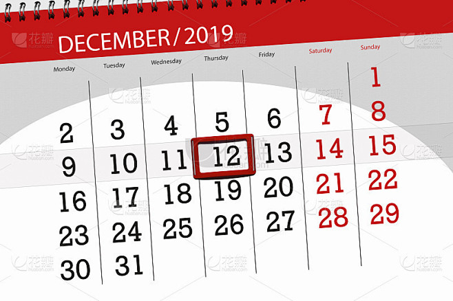 2019年12月的日历计划，截止日期，12日，周四