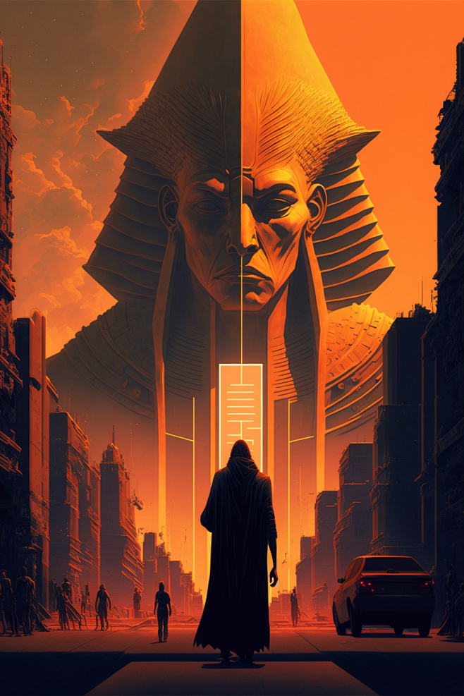 a pharaoh in the Style of Akira by Katsuhiro Ōtomo ,futuristic city as ...
