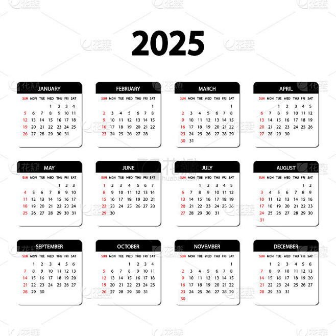 日历2025年。一周从周日开始。年度英语日历2025模板。文具垂直模板简单，设计最小。肖像取向素材-花瓣网