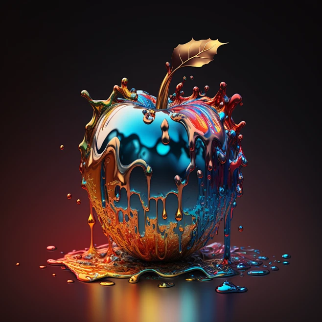 Melting molten apple made of silver colorful splash art, digital ...