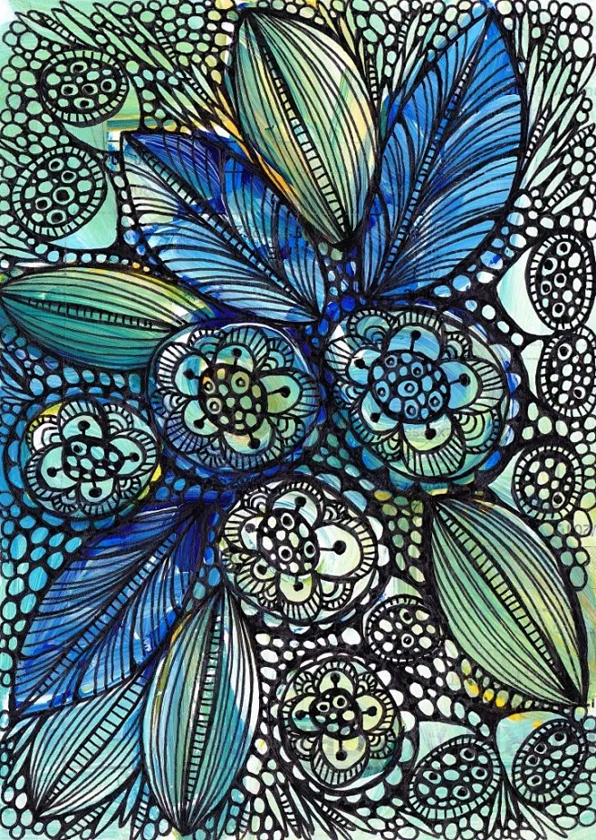 Zentangle. Blue aqua teal turquoise-花瓣网