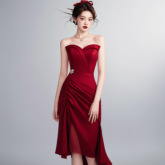 穿高跟鞋，礼服红裙，站着女模特，精致五官，淡妆，盘发，光线跟踪，层次感，立体感，最佳质量，前景虚化，全身肖像，白色光影背景，近景镜头，写实，8K(3)