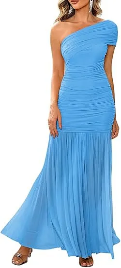 Amazon.com: LAGSHIAN Women's Elegant Formal Long Dress One Shoulder ...