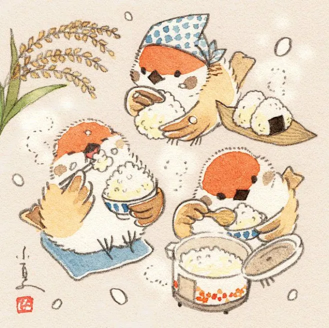 an image of three cartoon animals eating rice and drinking water from a ...