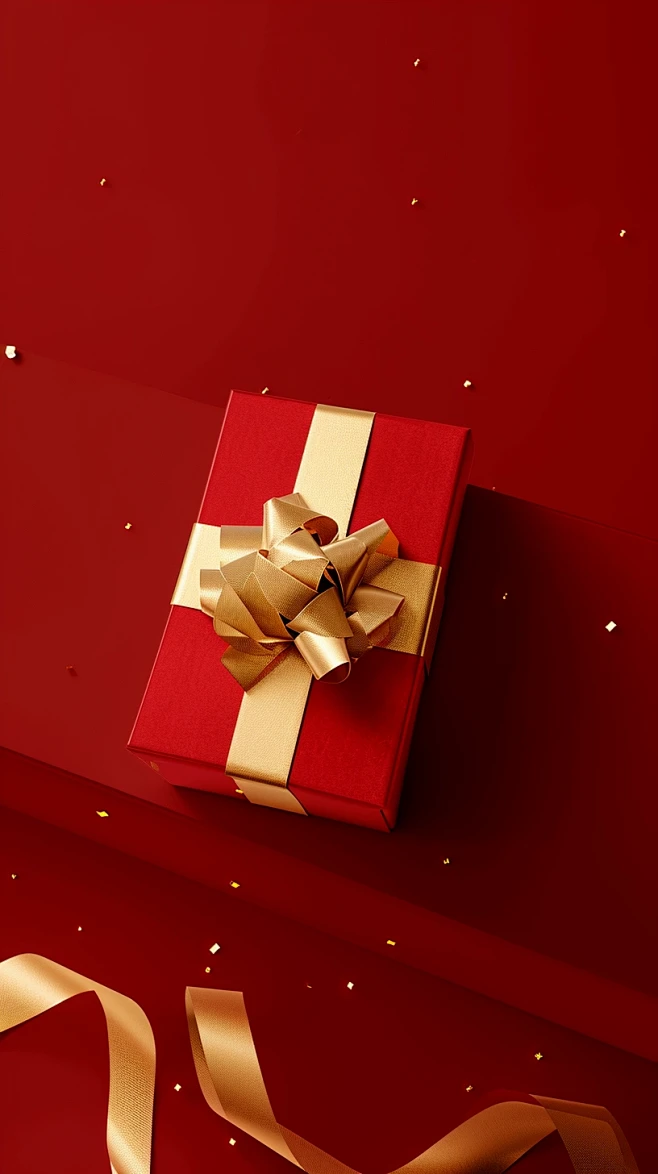 Red and gold gift box with golden ribbon, in the style of conceptual ...