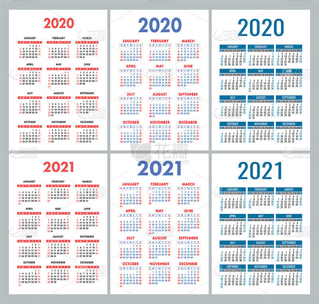 Calendar 2020, 2021 years. Colorful vector set. We