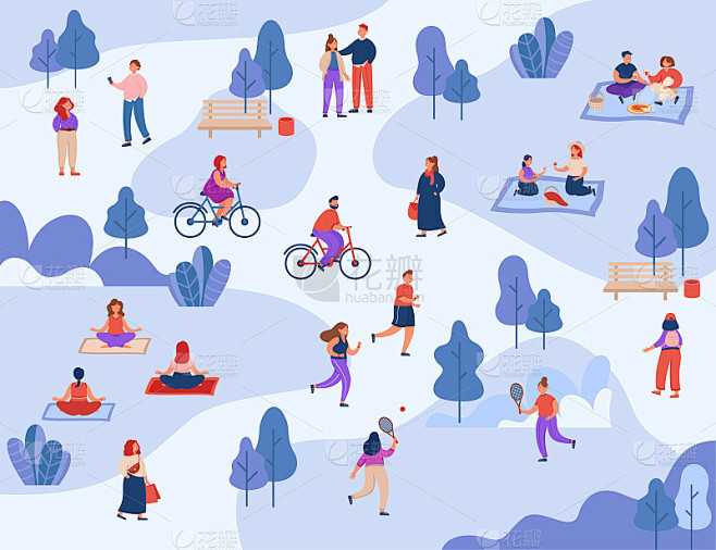 夏天人们在公园里做不同的活动