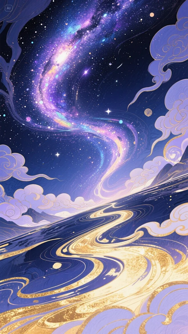 jimeng-2025-06-03-215-新中式美学融合意识流的梦幻插画。仰视，超广角镜头。深蓝淡紫、金色的水纹或云纹，展现银河璀璨，如梦境 ...
