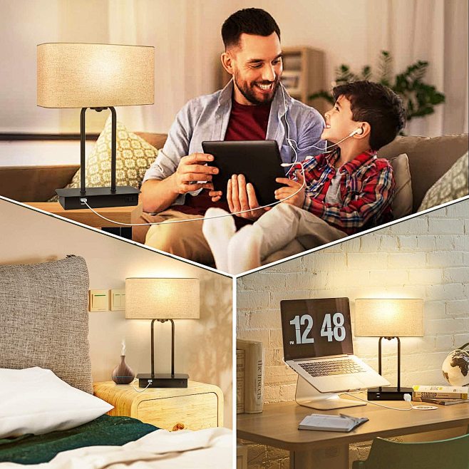 3-Way Dimmable Touch Control Table Lamp with 2 USB Ports and AC Power ...