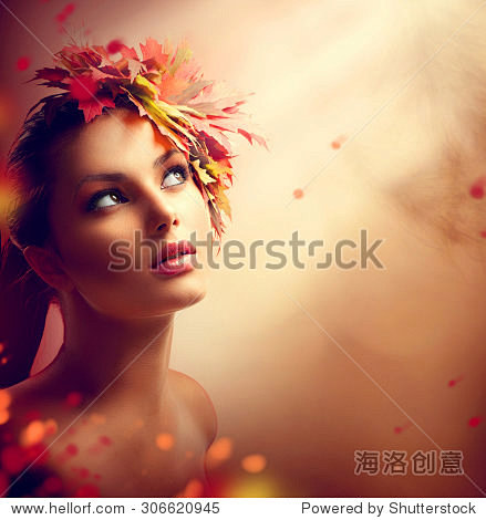 Autumn Woman Fashion Art Portrait. Beauty Romantic Autumn Girl with colorful yellow and red ...