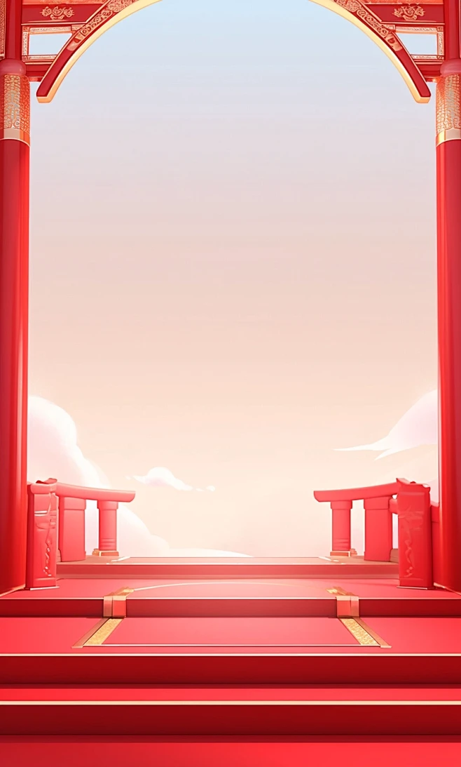 Red floor background with golden frame and chinese temple, in the style ...