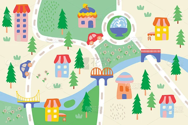 可爱的城市地图图案，儿童壁纸，幼儿园插图，家乡背景，房子和树的景观，城市地图收藏。素材-花瓣网