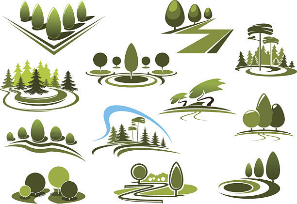 绿色公园、园林和森林景观标志插画素材_ID:141647321