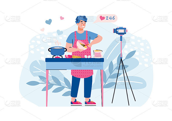 Vlogger filming cooking food, flat cartoon vector