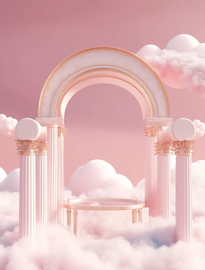 pink arch with gold columns in the clouds, in the style of ...