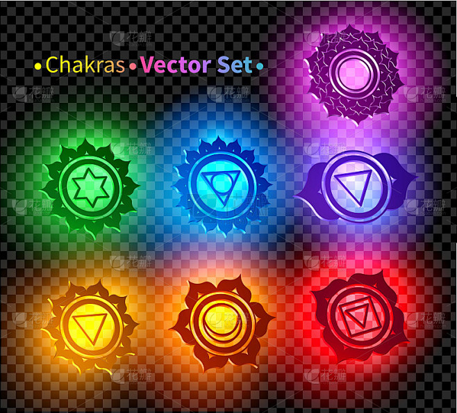 Vector set of illustrations of 3d chakra symbols