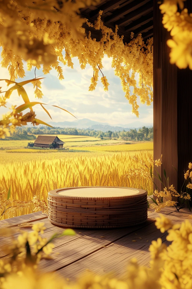 3D illustration of a podium with a rice basket style placed on the ...