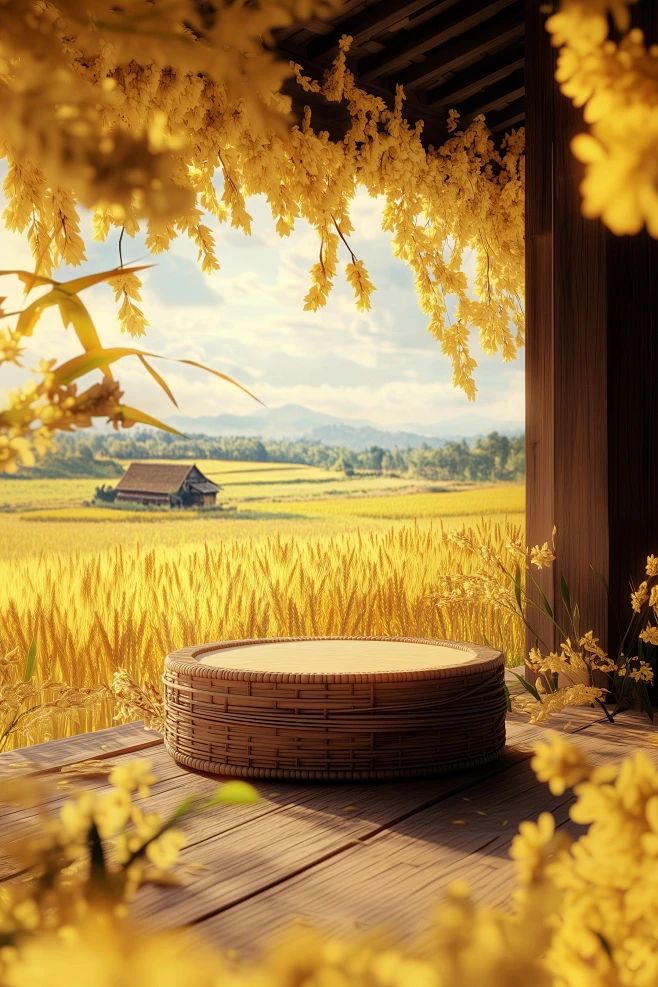 3D illustration of a podium with a rice basket style placed on the ...