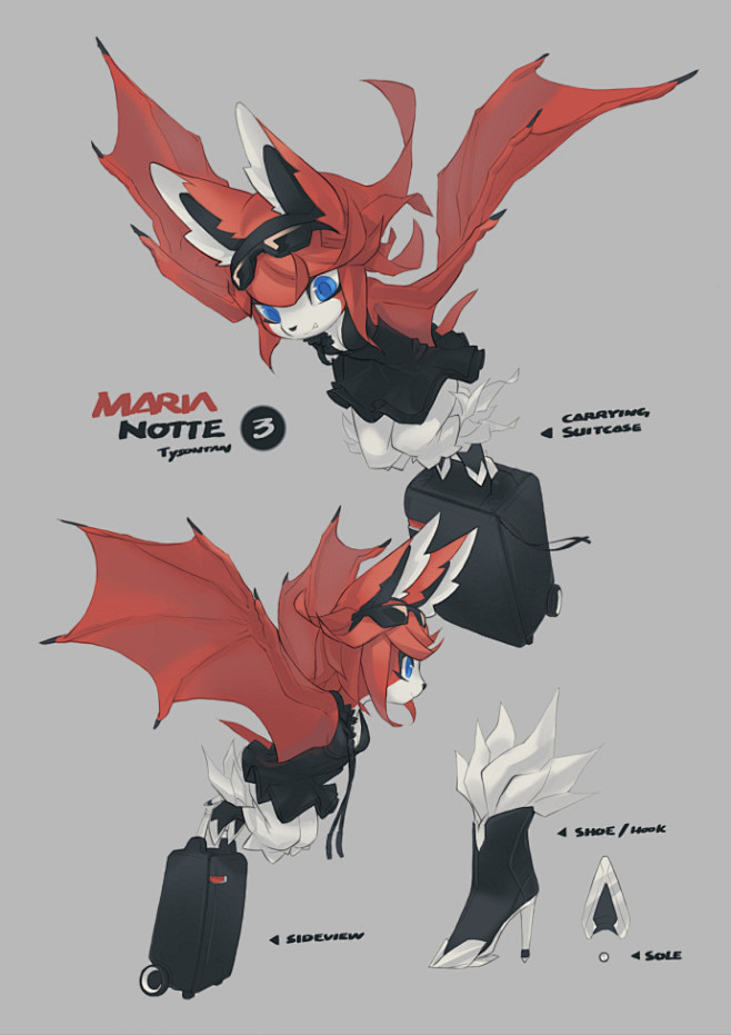 给Freedom Planet 2的一个配角Maria Notte（美莱・诺庭）准备的一套概念设计，顺带试验一下写实造型蝙蝠兽人角色是如何应付 ...