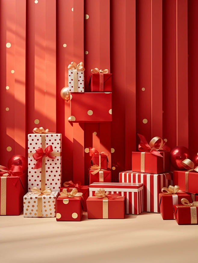 Gifts with red boxes and gold foil on a shelf, in the style of ...