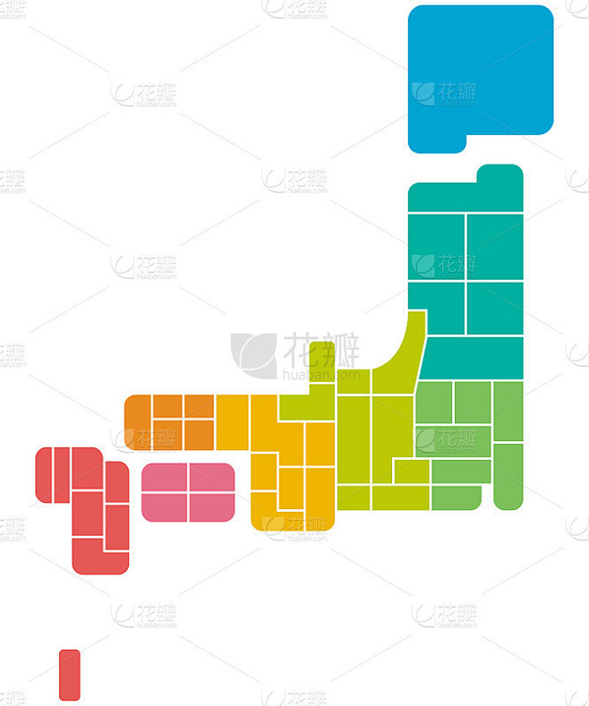 一幅变形的日本地图，按县名用颜色编码