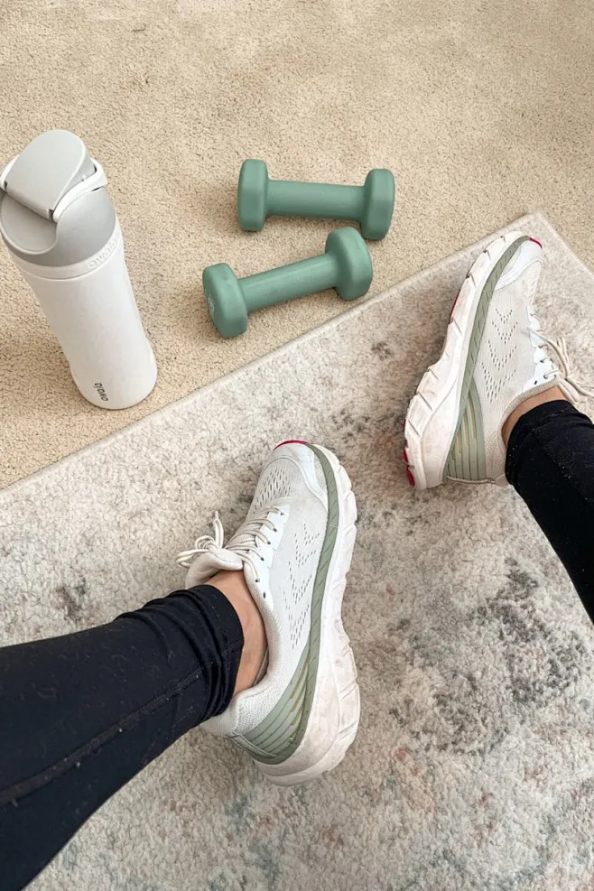 fitness green gym weights gym outfit owala water bottle working out white sneakers workout fit ...