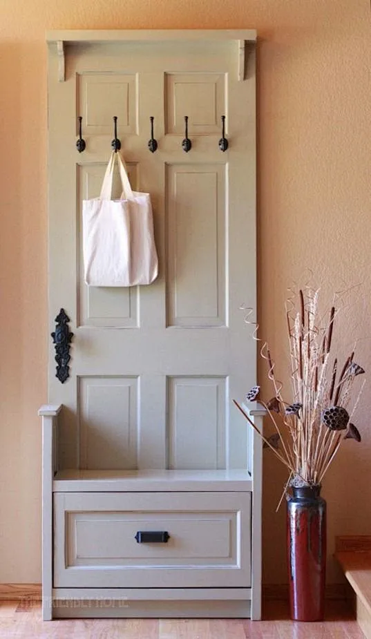 DIY - turn an old door into a super cute hall tree with a bench. Click ...