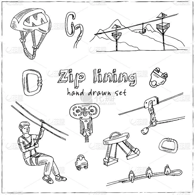 Zip line hand drawn doodle set. Vector illustratio素材-花瓣网