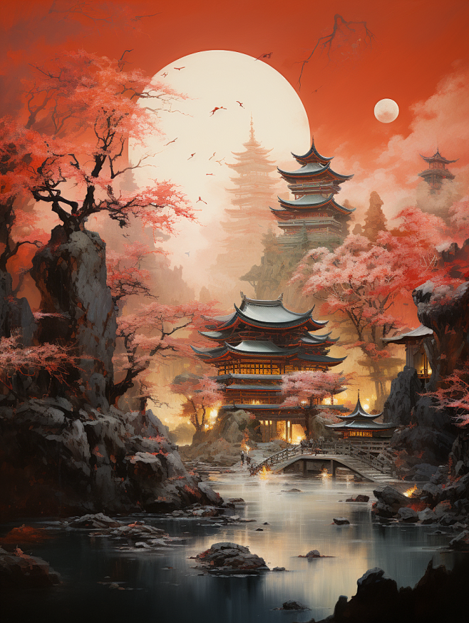 An ancient Landscape painting, depicts a poetic, invisible Chinese ...