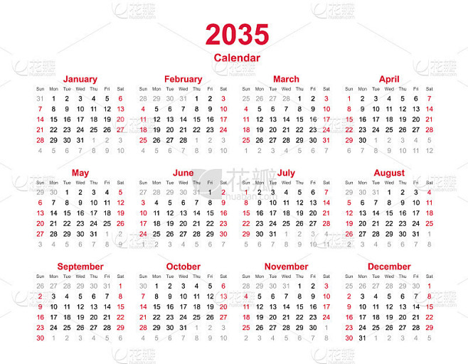 2035年日历。十二个月日历模板。