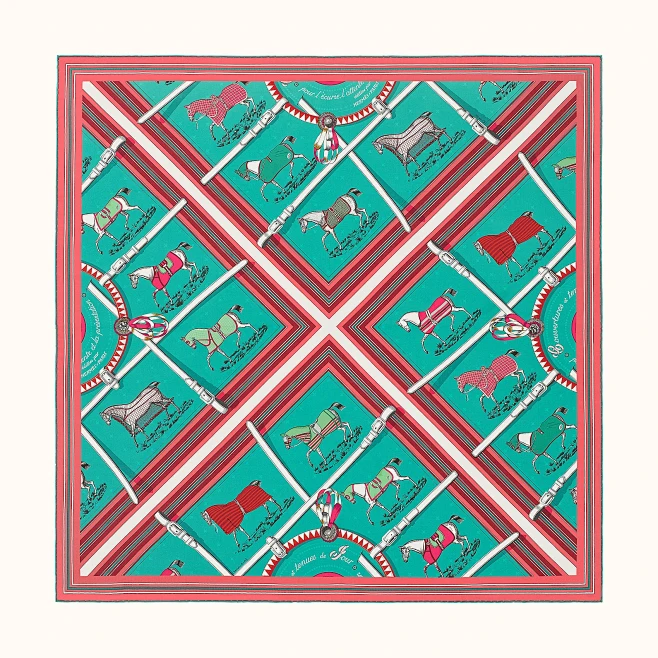 视图: 平面, “骏马的披挂”90厘米双面方巾-花瓣网