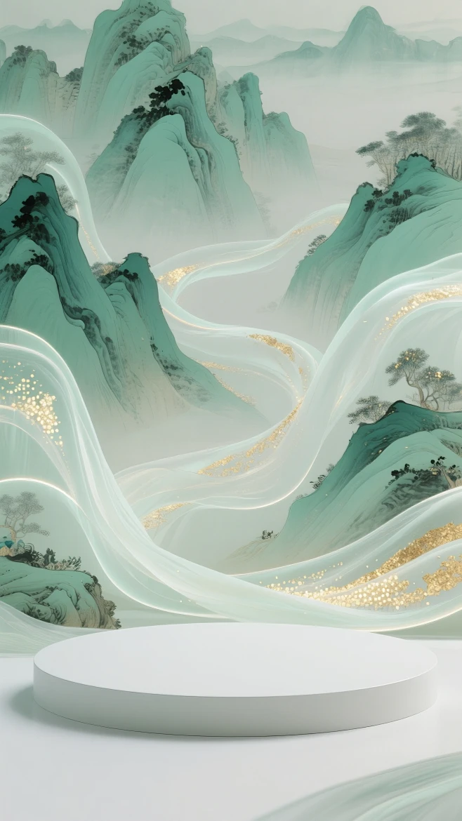 场景，展台，电商背景，青绿山水，流体水墨，中式美学，竖版，ZXS (3)-花瓣网