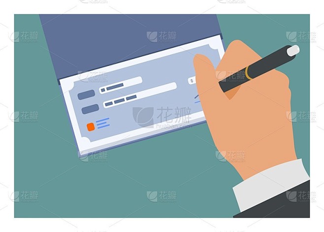 在支票簿上亲笔签名。简单的平面插图