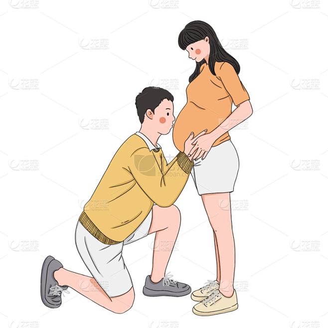 手绘孕妇夫妻互动元素