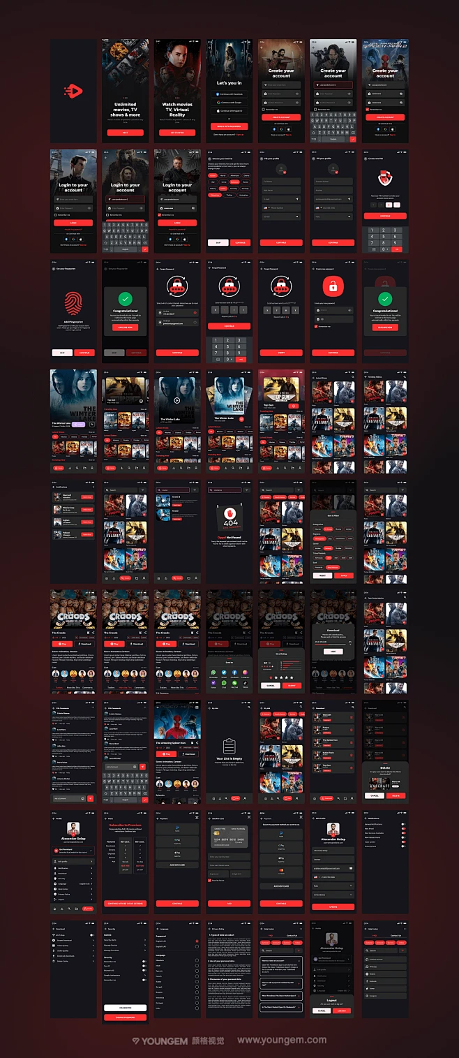 65屏国外在线影院流媒体平台电影app用户界面设计ui套件模板下载_颜格视觉-花瓣网