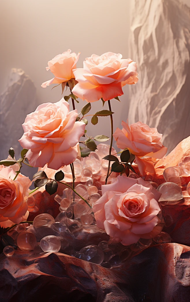 with natural color roses on the background, pink on the rocks, pink ...