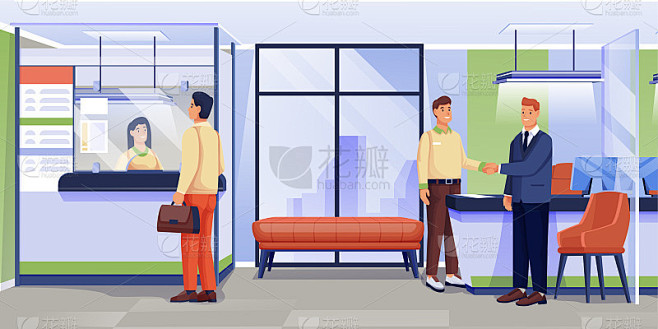 银行办公场景中的员工和客户。金融服务、业务部职场矢量插画。一个男人在柜台和收银员，男人在室内握手