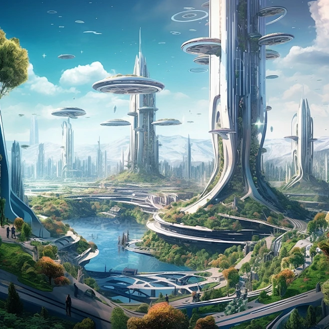 generate sci-fi city, future, civilization, fusion of nature and ...