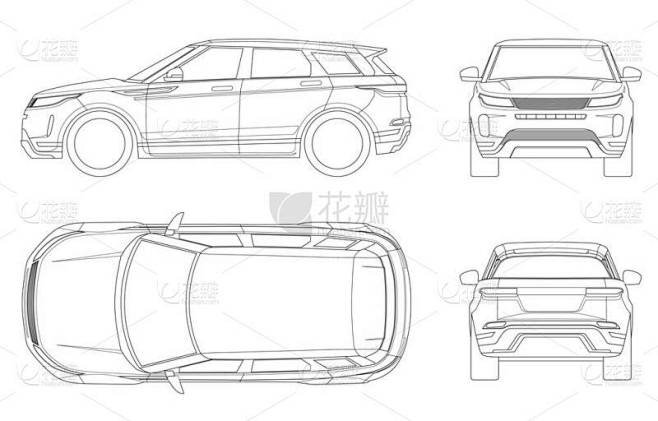 白色背景上的汽车矢量模板。紧凑型交叉，Suv，5门旅行车的轮廓。模板向量隔离。看前面、后面、侧面、顶