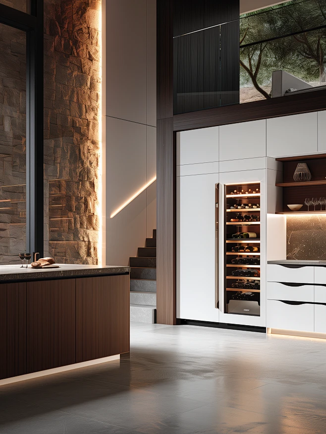 zoan528664_An_open_kitchen_with_a_white_refrigerator_embedded_i ...