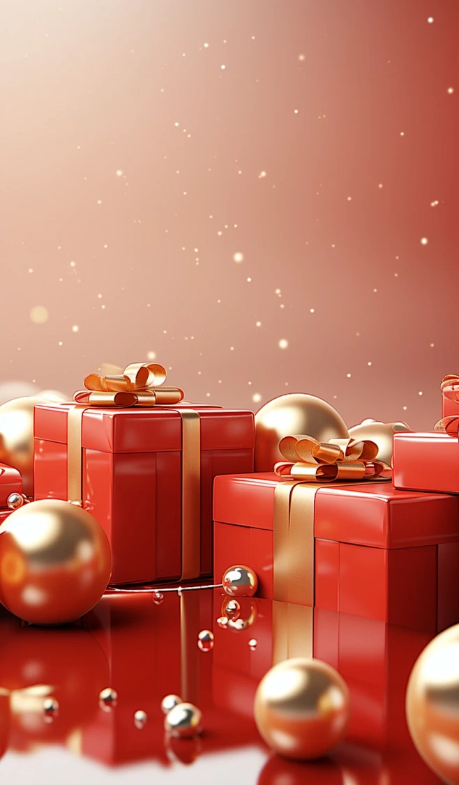 Red gift boxes with gold balls on the ground on an orange background ...